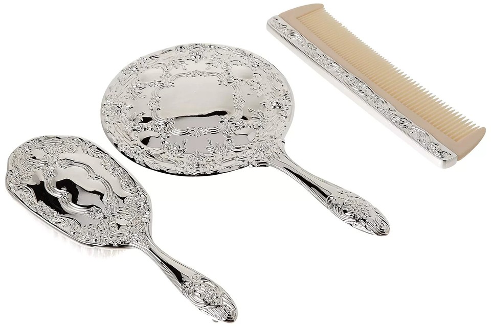 3 pc Silver Chrome Girls Vanity Set Comb Brush Mirror. | eBay