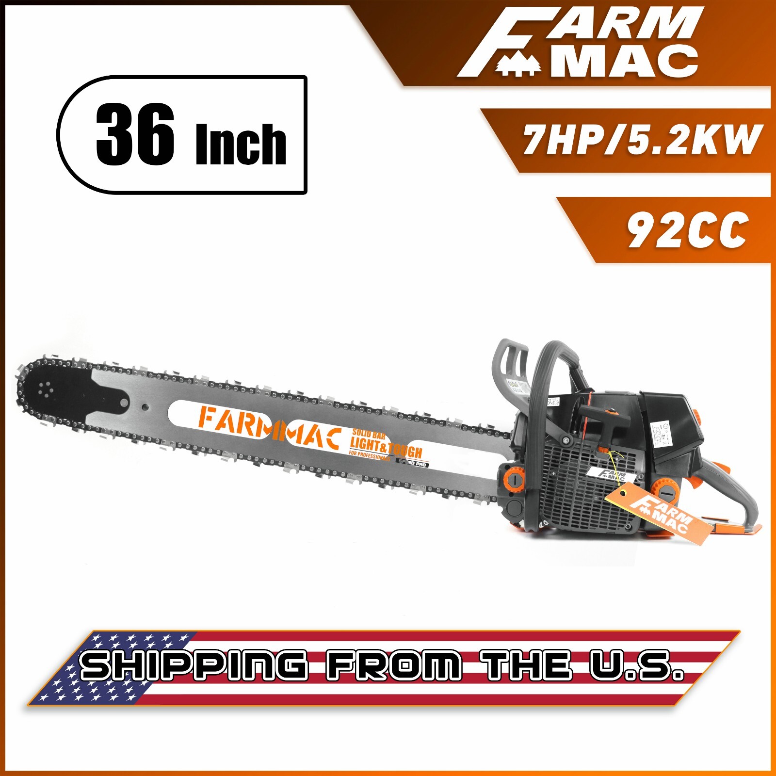 Farmmac 92cc Chainsaw Gasoline Powerhead with 36'' Bar & Chian Fit For ...