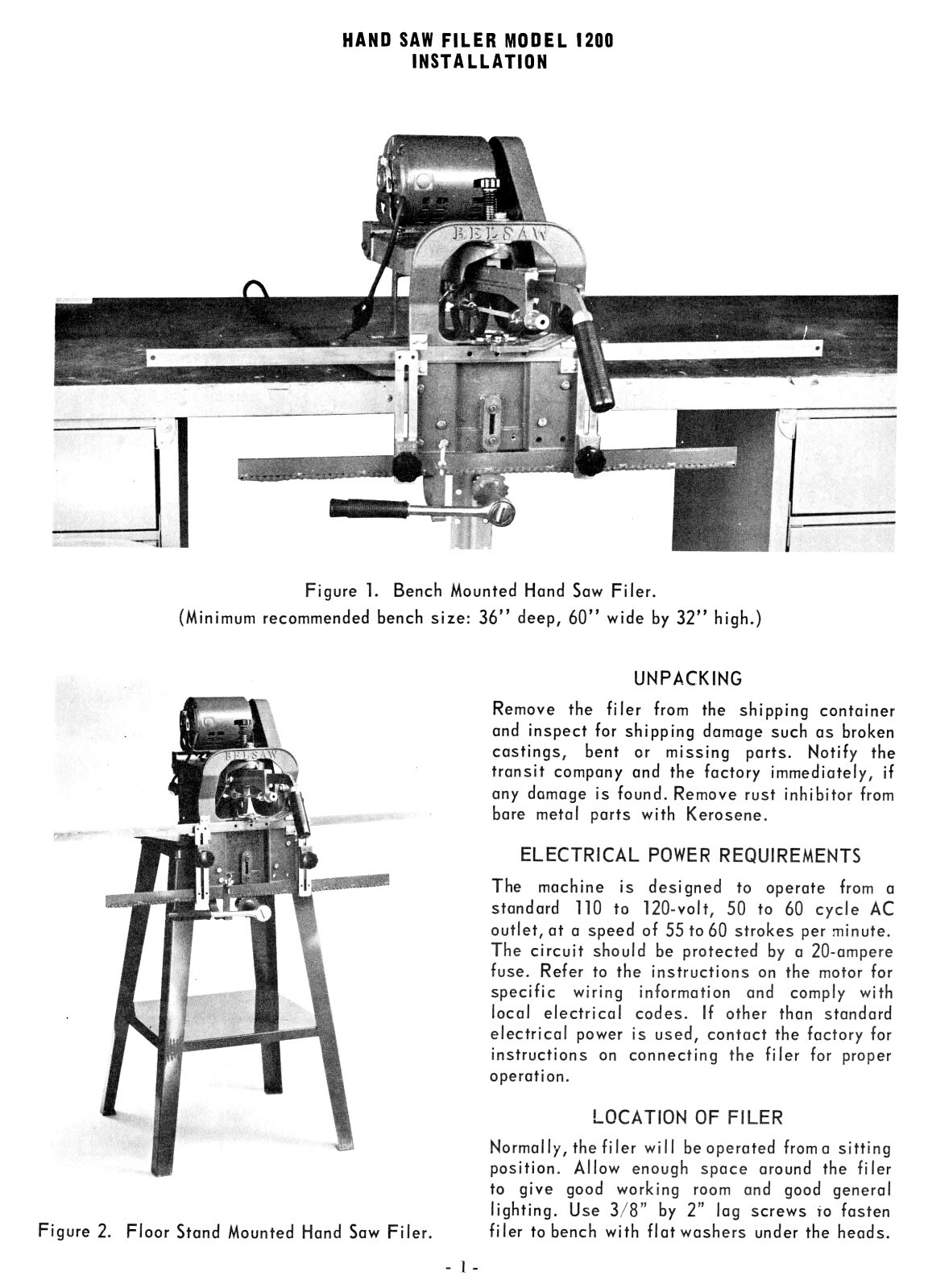 BELSAW 1200 Hand Saw Filer Owner's Instructions Parts Manuals 0991 | eBay