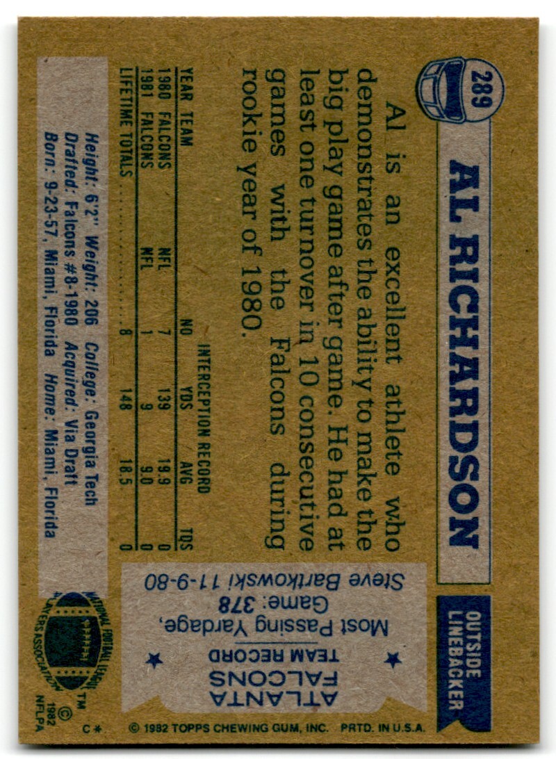 1982 Topps Al Richardson Atlanta Falcons #289 | eBay