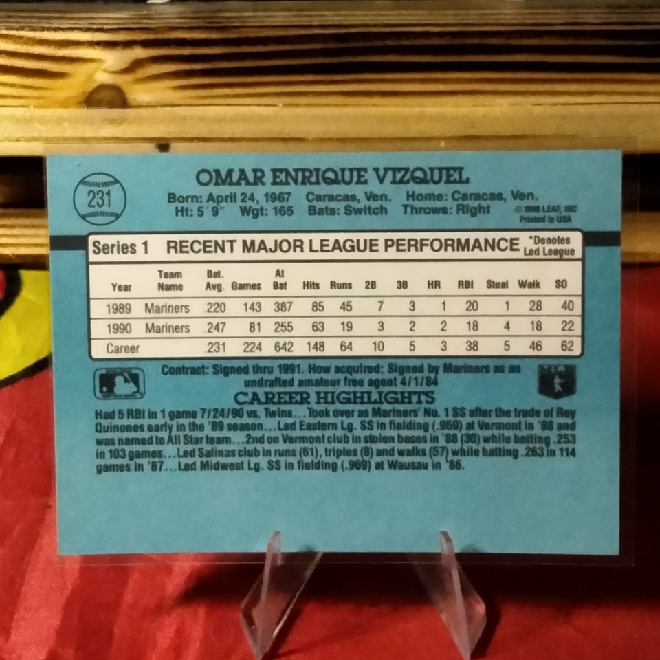 1991 Donruss - Omar Vizquel #231 2 Error Yellow Stripe on Right Border ...