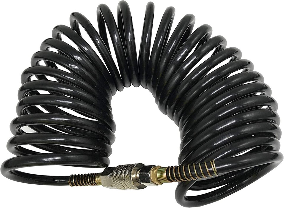1/4" 25 FT Coiled Air Hose Recoil Spring Ends Pneumatic Compressor ...