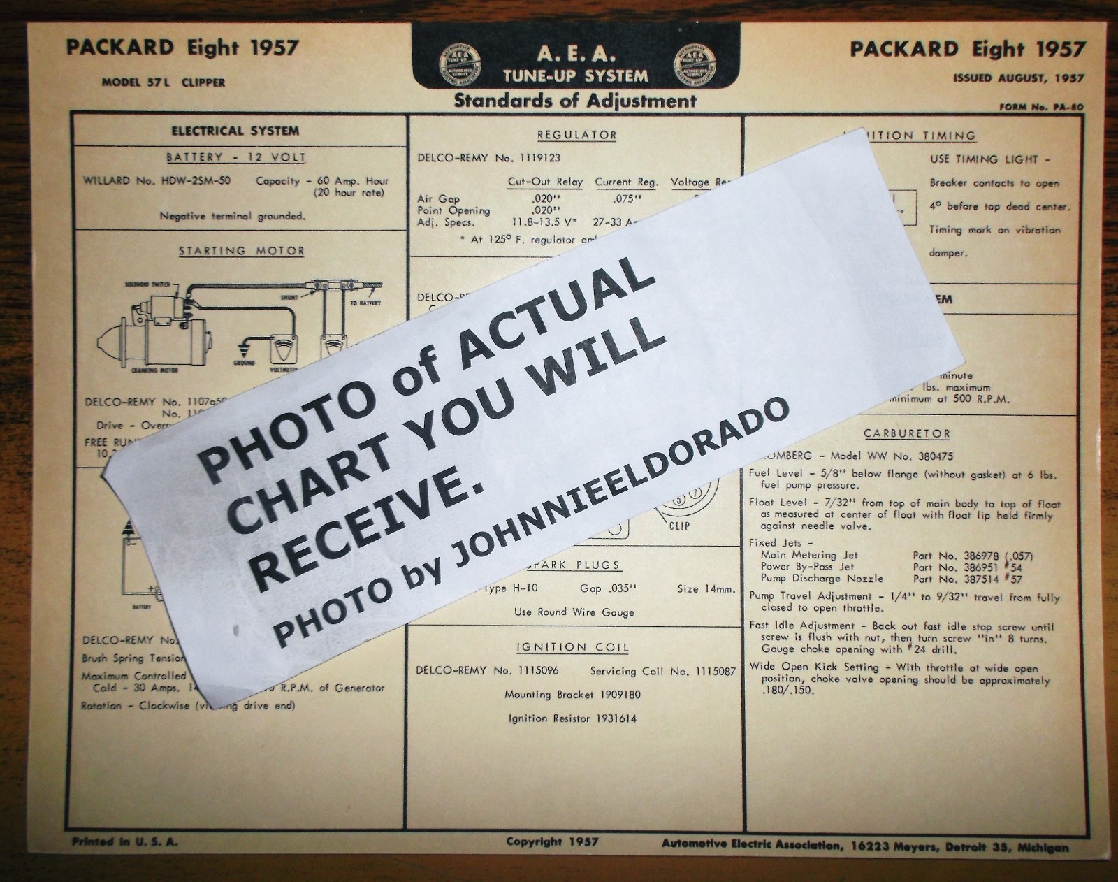 1957 Packard EIGHT Series 57L Clipper Models AEA Tune Up Chart | eBay