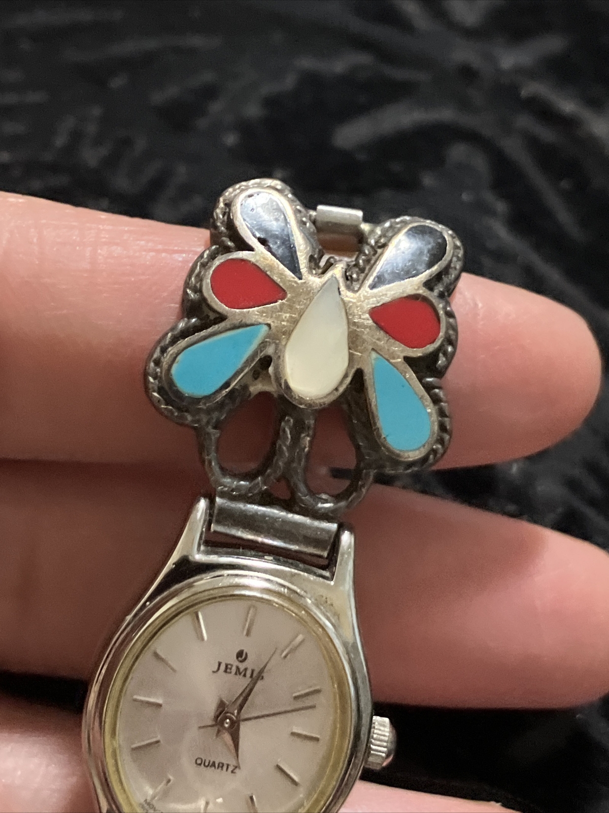 VTG Sterling Navajo Genuine Turquoise Onyx Pearl Butterfly JEMIS Watch ...