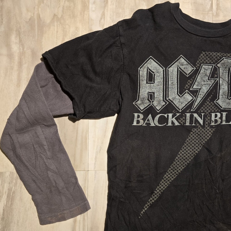 ACDC Back in Black 2008 Thrashed Layered Faded Y2K Rock Band Long ...