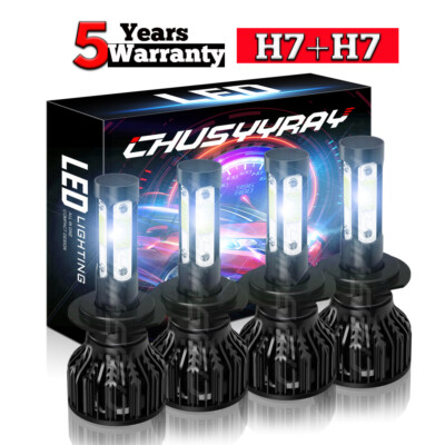 4-Sides H7 10000K LED Headlight Kit Combo Bulbs High Low Beam Super ...