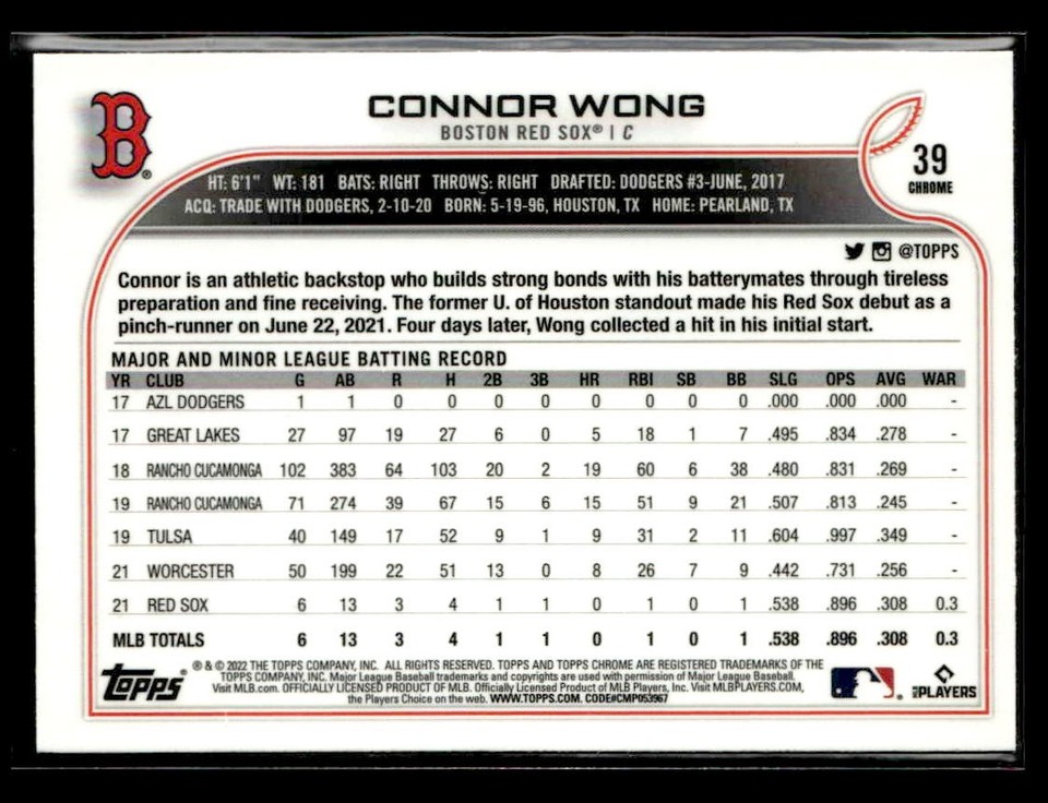2022 Topps Chrome - #39 Connor Wong RC - Boston Red Sox | eBay UK
