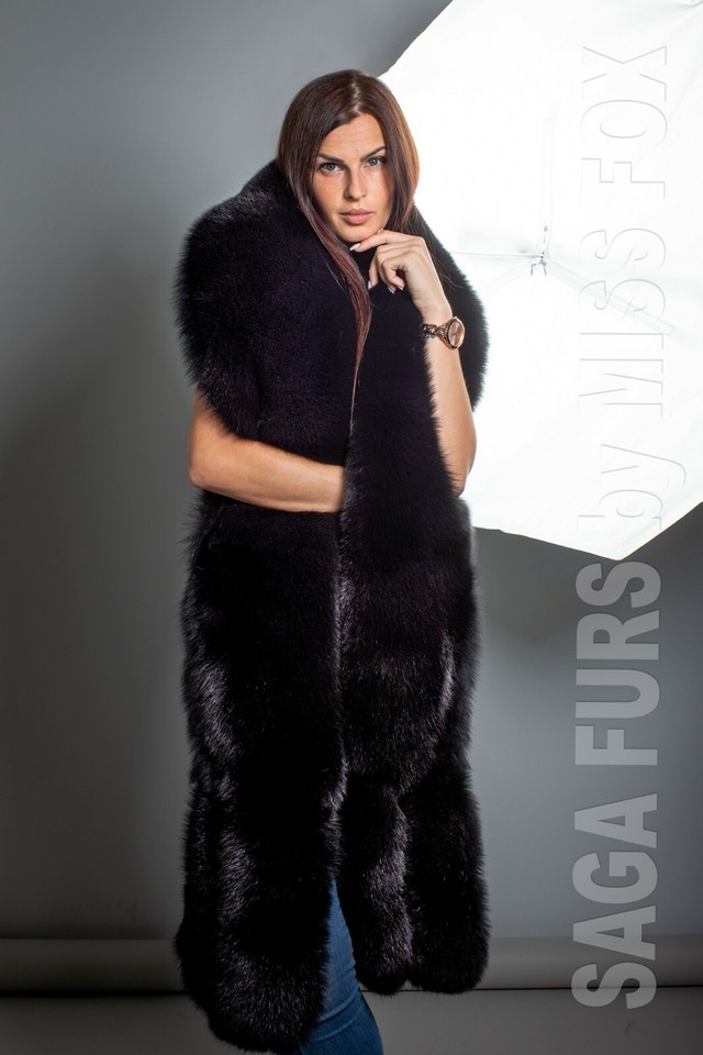 Black Blue fox fur stole/shawl detachable tails satin lining (Saga Furs ...