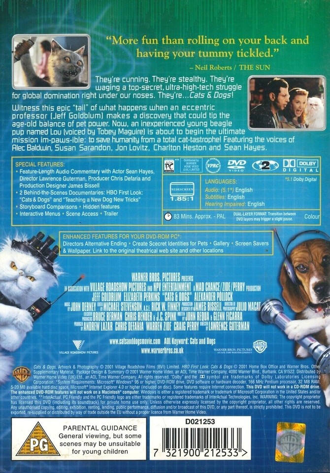 Cats & Dogs (2001) DVD, Alec Baldwin, Tobey Maguire, Jeff Goldblum ...