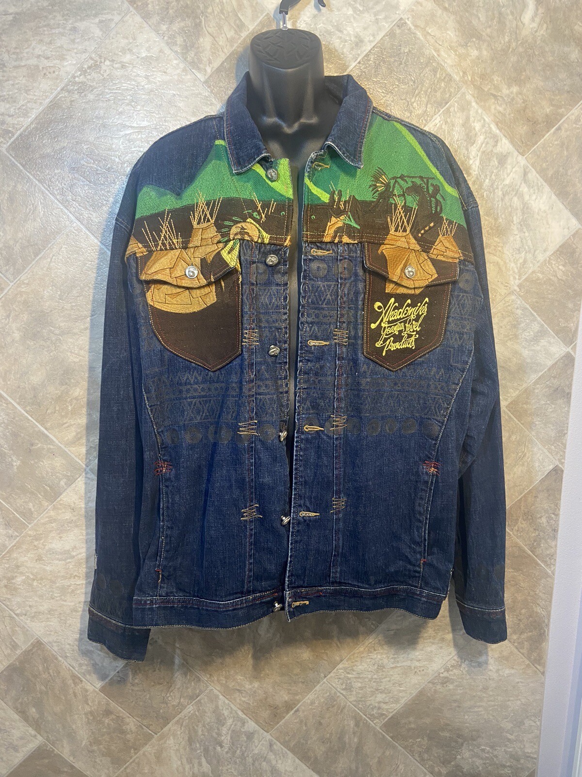 VINTAGE Akademiks Jacket Mens 2XL Blue Denim Native American Western ...