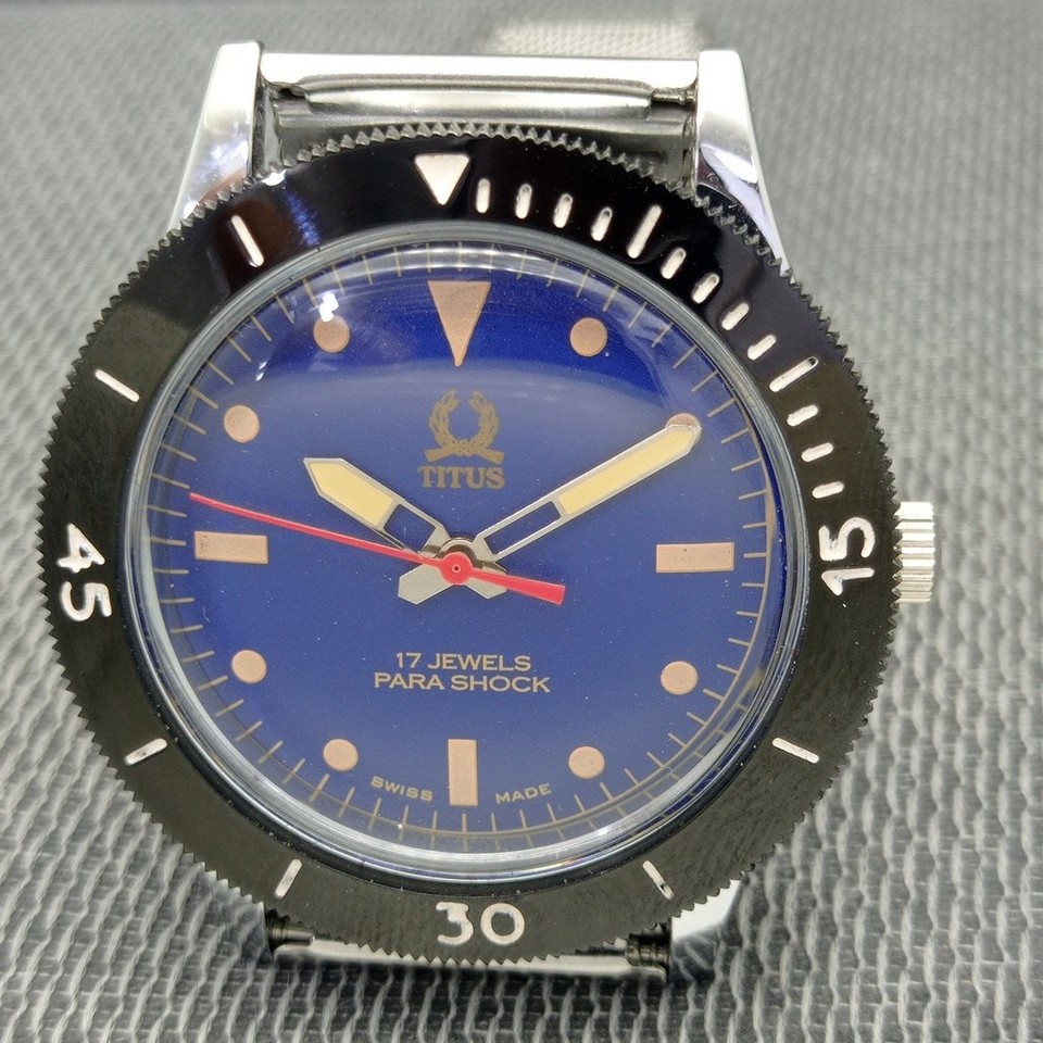 VINTAGE TITUS HAND-WINDING SWISS MENS TURNABLE BEZEL BLUE DIAL WATCH ...