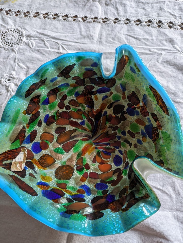 Murano Style Art Glass Tutti-Frutti Fish Shaped Blue and Green Bowl ...