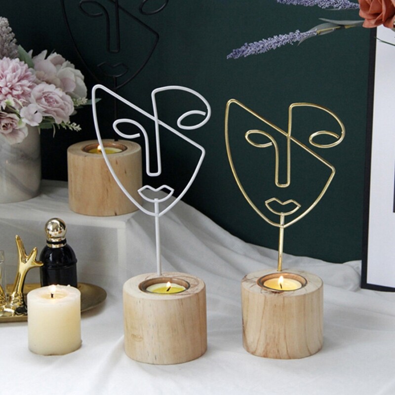 Nordic Abstract Face Art Candlestick Stand Wrought Iron Tabletop Decor ...