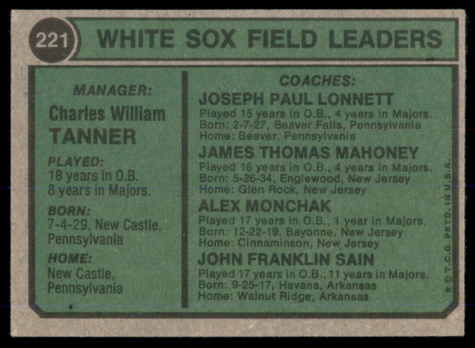 Chuck Tanner MG/Jim Mahoney CO/Alex Monchak CO/Johnny Sain CO/Joe ...