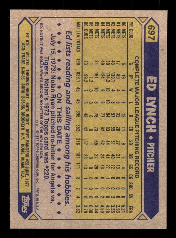 1987 Topps Baseball #697 Ed Lynch NM or better *ca1 | eBay