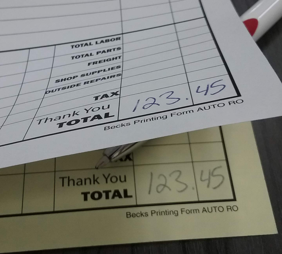 Automotive Repair Order and Invoice Receipt Form - 2 Part Carbonless ...