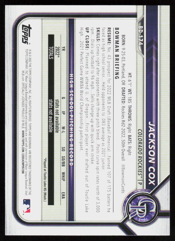2022 Bowman Draft Jackson Cox #BD-174 BASEBALL Colorado Rockies 1ST | eBay