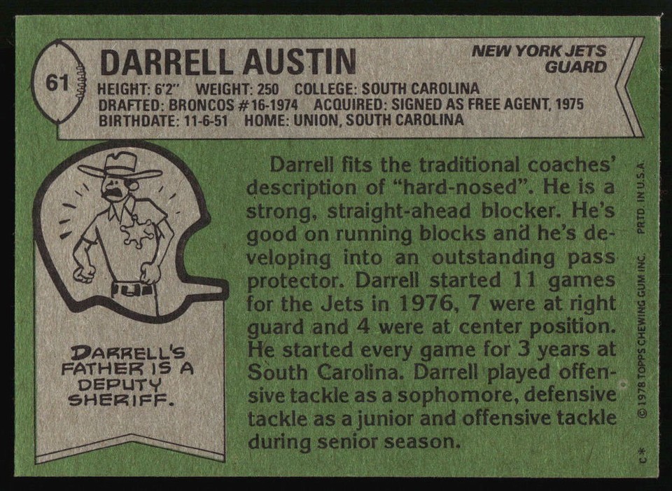 1978 Topps Darrell Austin #61 New York Jets L2 | eBay