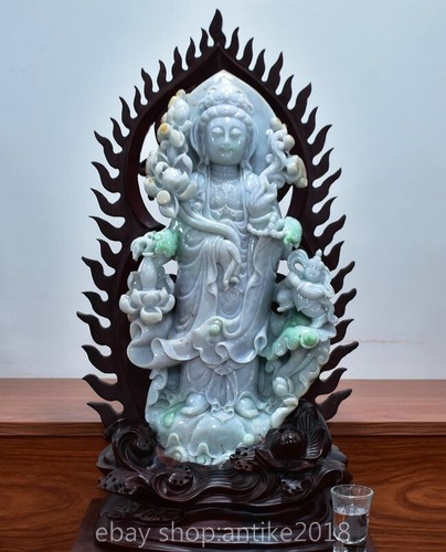 18.4" Chinese Natural Jadeite Jade Carving Tong Zi Boy Guan Yin Goddess ...