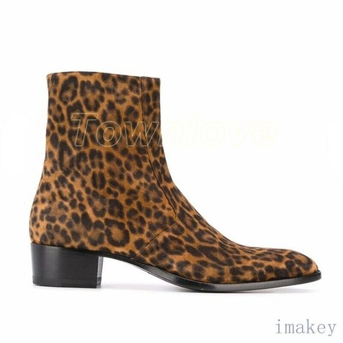 Mens Leopard Ankle Boot Block Heels Chelsea Leather Real Suede Shoes ...