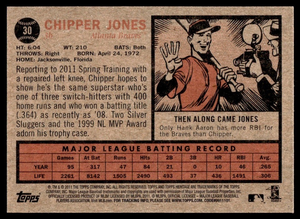 2011 Topps Heritage Chipper Jones Atlanta Braves #30 | eBay