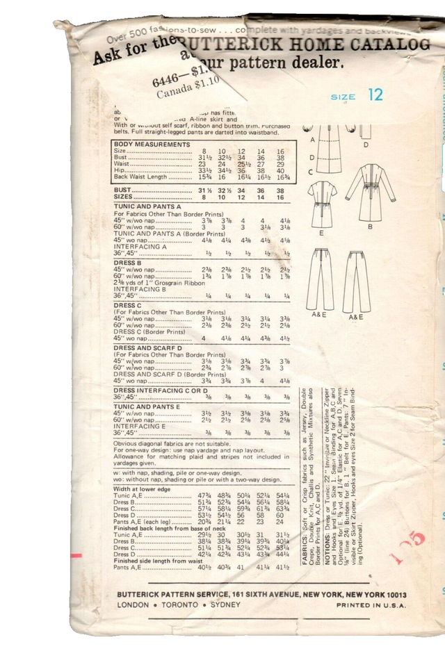 1970's Butterick Pattern 6446 Misses Dress - Tunic - Pants Size 12 Bust ...