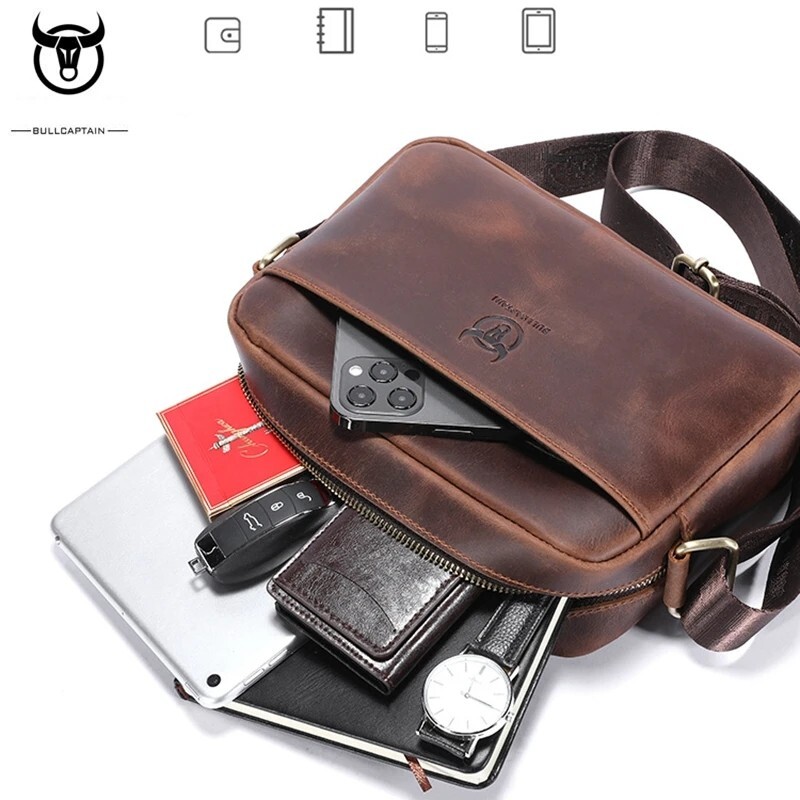 Bullcaptain Leather Men Shoulder Crossbody Bag Retro Travel Business ...