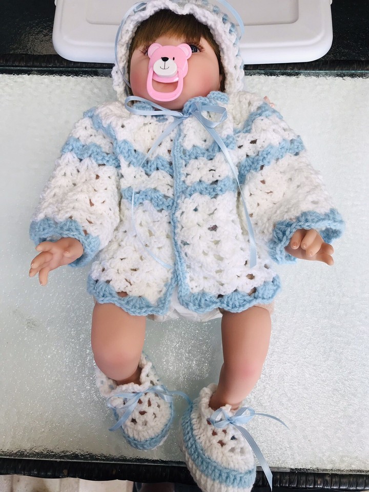 Baby Blanket Booties Jacket & Bonnet Crochet Handmade Newborn 0-12 ...