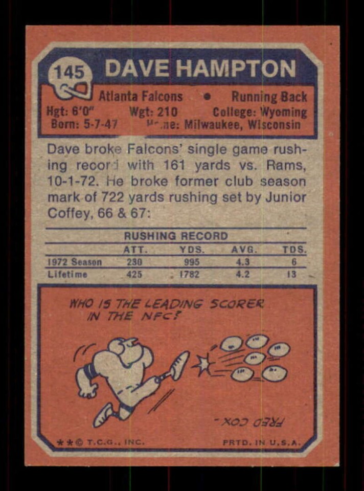 1973 Topps #145 Dave Hampton EXMT/NM RC Rookie Falcons 239111 | eBay