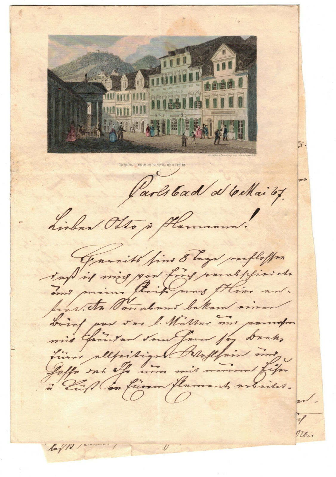 Brief 1867 kolorierte Lithografie Der Markbrunn Carlsruhe Karlsbad ...