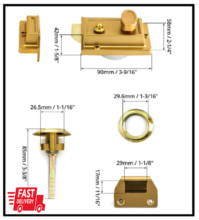QWORK Night Latch Deadbolt Rim Lock with Key Gold Finish Antique Style ...