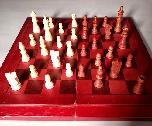 Vintage Wooden Chess Travel Set Fold-out Custom Playing Board & Storage ...