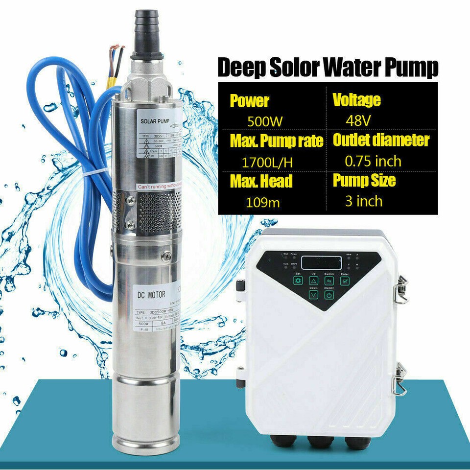 3" DC Solar Water Pump 48V 500W Submersible Deep Bore Well Pump +MPPT ...