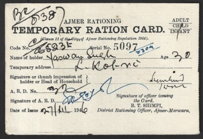 India WW2 1946 Ajmer Rationing Temporary Ration Card | eBay Australia