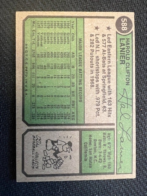 1974 Topps Baseball - Hal Lanier ( New York Yankees ) #588 - VG/EX | eBay