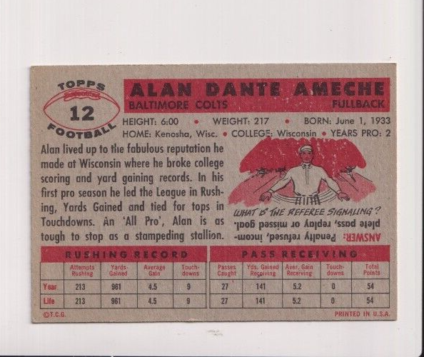 ALAN AMECHE 1956 TOPPS FOOTBALL #12 BALTIMORE COLTS VINTAGE SPORTS CARD ...