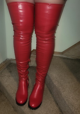 Women red faux leather thigh high flat boots shoes size UK 6 | eBay UK