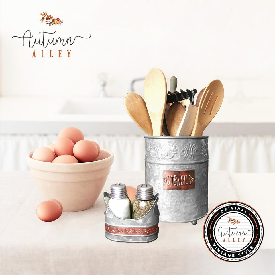 Rustic Galvanized Steel Kitchen Utensil Holder with Copper Label - 7.5 ...