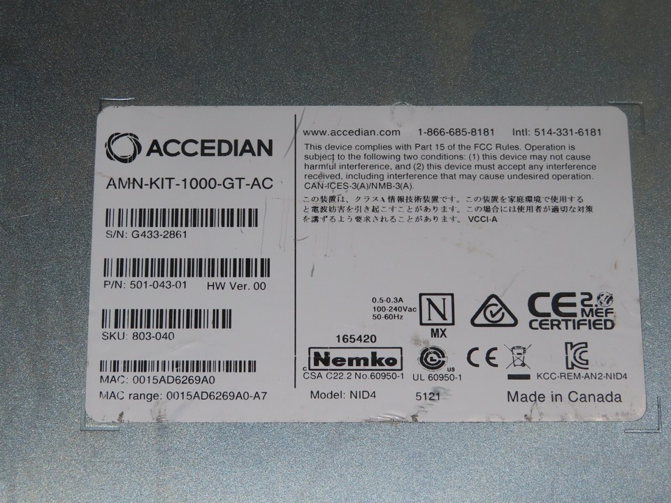 Accedian MetroNID NID4 AMN-KIT-1000-GT-AC P/N: 501-043-01 | eBay