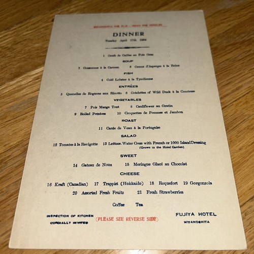 1934 FUJIYA HOTEL Dinner MENU MIYANOSHITA, HAKONE JAPAN / Picture ...