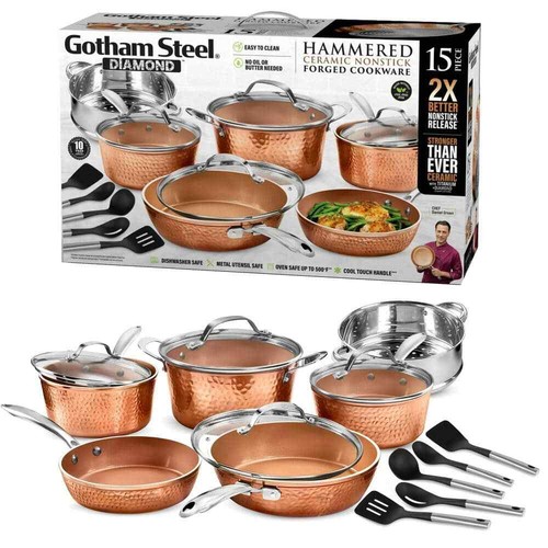 Hammered Copper 15-Piece Aluminum Non-Stick Cookware Set with Utensils ...