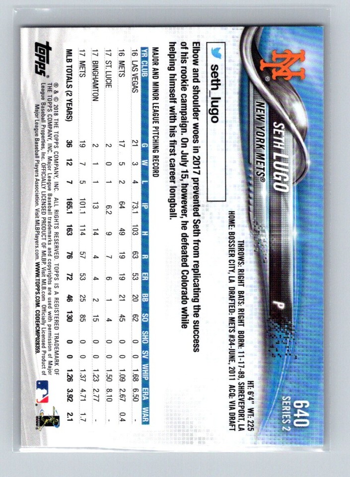 2018 Topps Seth Lugo #640 New York Mets Rainbow Foil | eBay