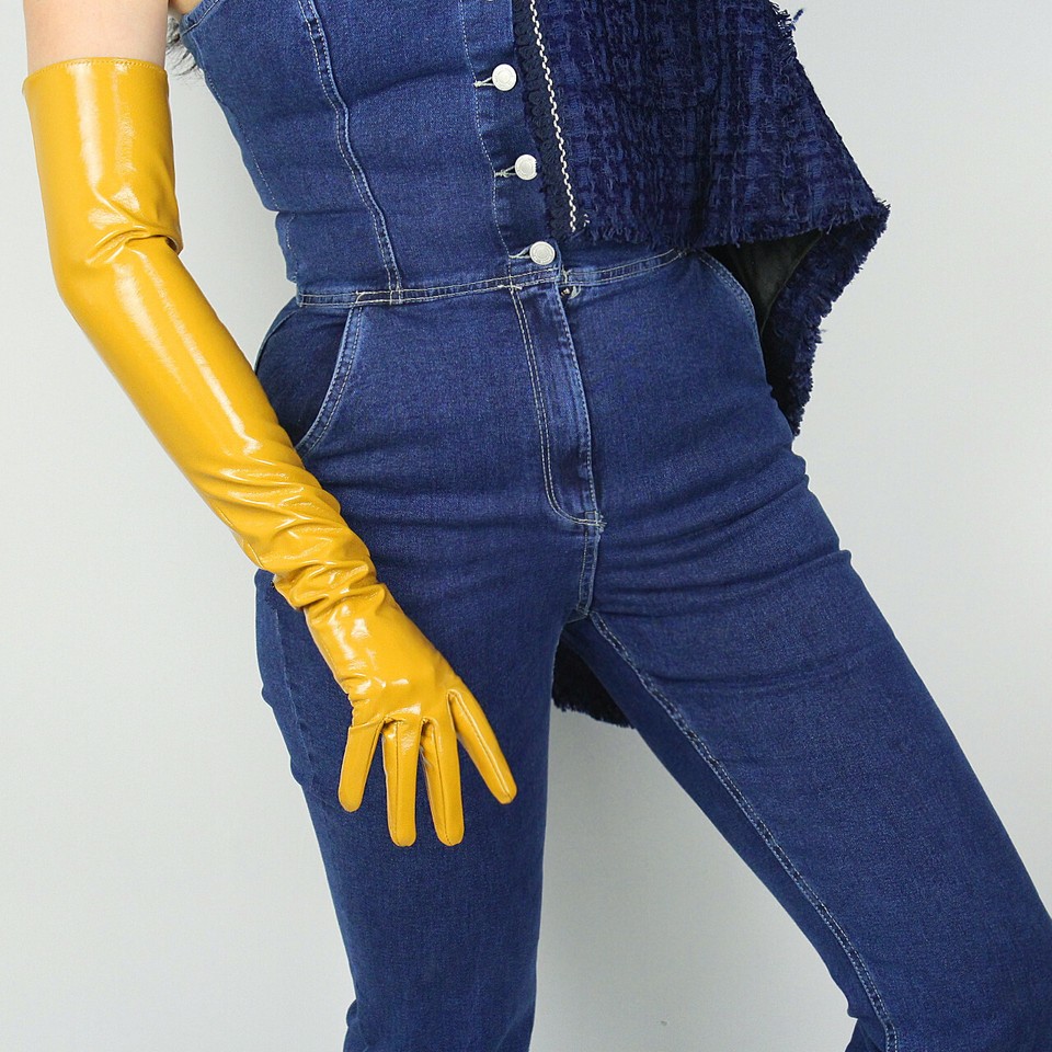 LATEX LONG GLOVES Shine Leather Faux Patent PU 20" 50cm Opera Ginger ...