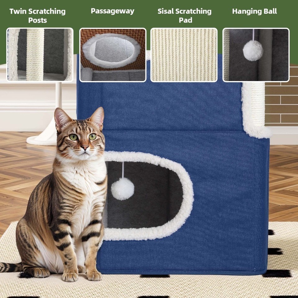 Uforic 2-Tier Indoor Cat Condo with Scratch Pad,Tunnels&Hideaway Cube ...
