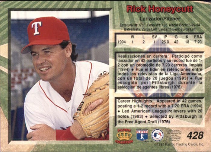 1995 Pacific Texas Rangers Baseball Card #428 Rick Honeycutt | eBay