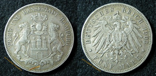 GERMANIA DEUTSCHES REICH FUNF 5 MARK 1903 J AMBURGO SPL- ARGENTO | eBay