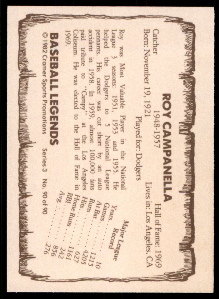 1982 CRAMER BASEBALL LEGENDS SERIES 3 #90 ROY CAMPANELLA BROOKLYN ...