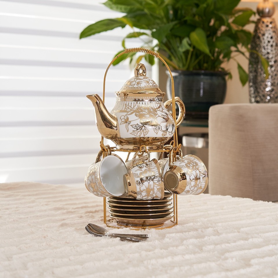 20 pc Tea Set /Tea Pot 6 Cups + Saucers, Rack Coffee Cup Set Gold tone ...