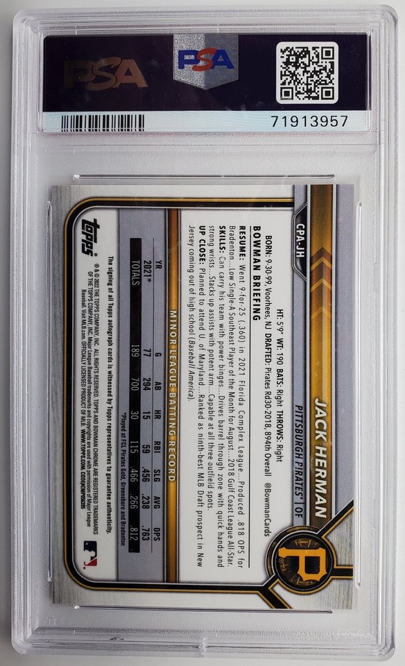 2022 Bowman Chrome Gold Shimmer Ref Jack Herman Autograph RC PSA 10 w ...