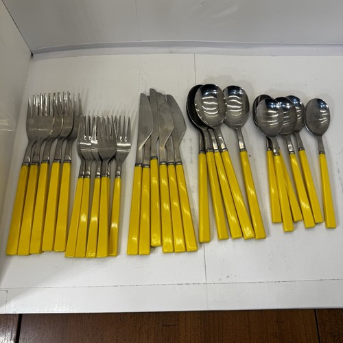 Vintage Anacapa Yellow Stainless Flatware Melamine Handles Japan 28 ...